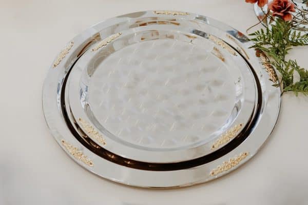 Rent a silver 20" round tray at All Seasons Rent All